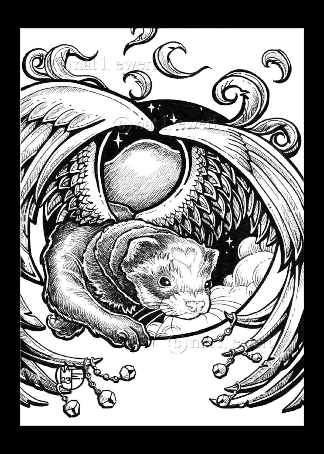 ORIGINAL Angel Ferret Ink Drawing, Gifts, Fantasy Art, Home Decor, Wall ...