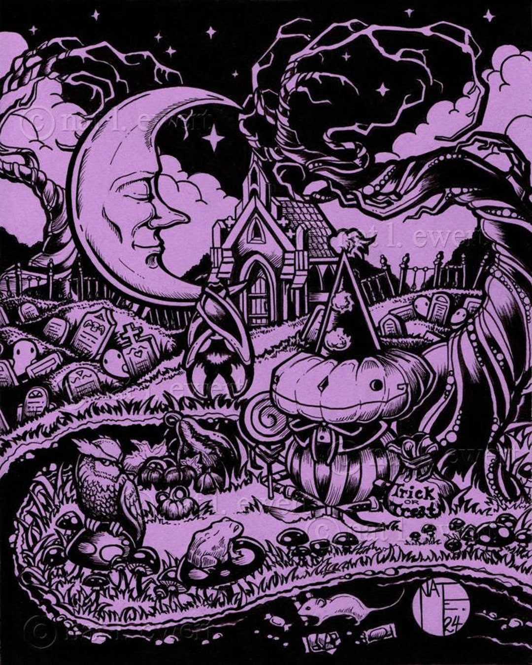 ORIGINAL Halloween Night Drawing, Gothic Gifts, Home Decor, Wall Art ...