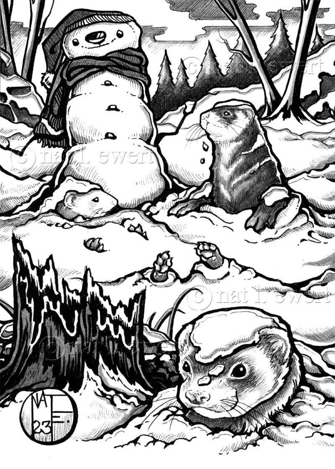 ORIGINAL Ferret Snow, Ink Drawing, Gifts, Winter, Christmas, Yule, Home ...