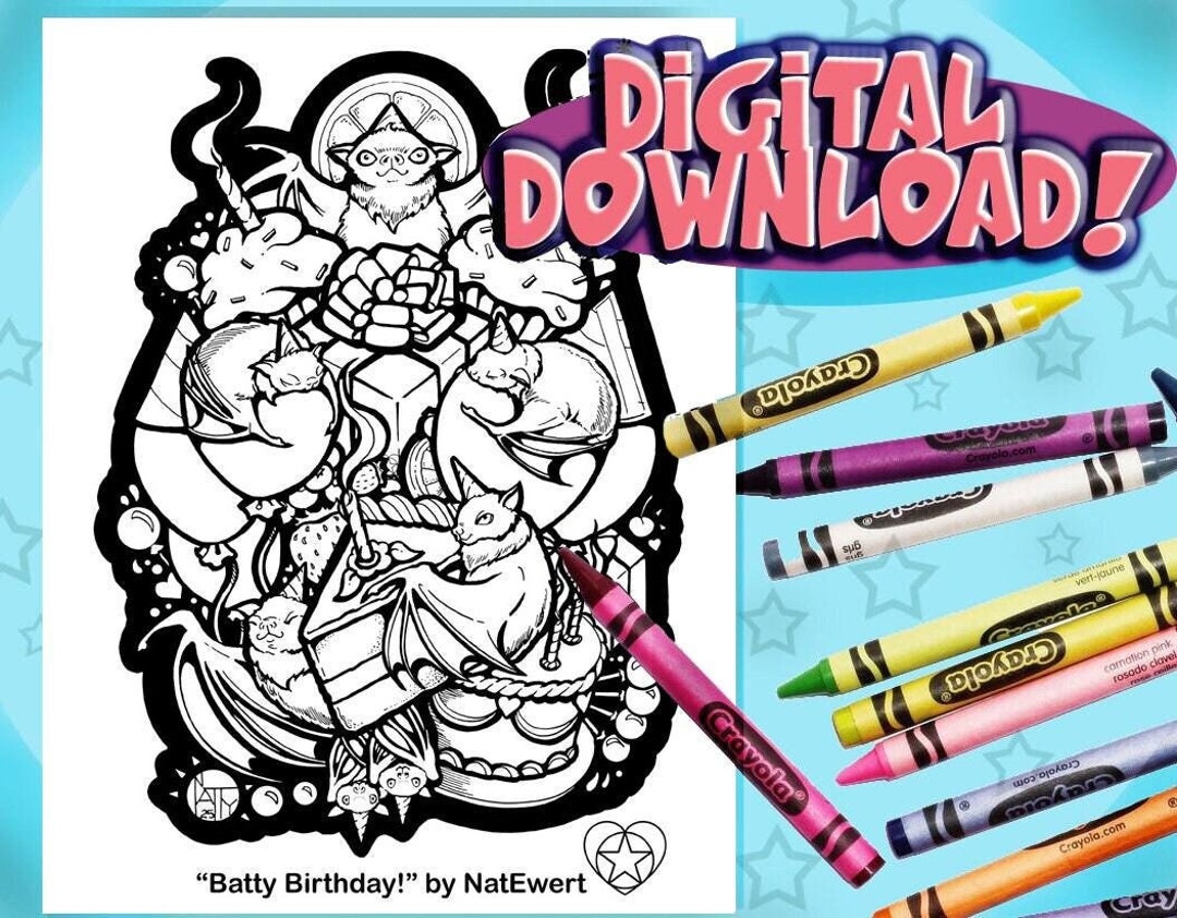 BIRTHDAY BATS Coloring Page, Instant Digital Download, Print & Color at ...