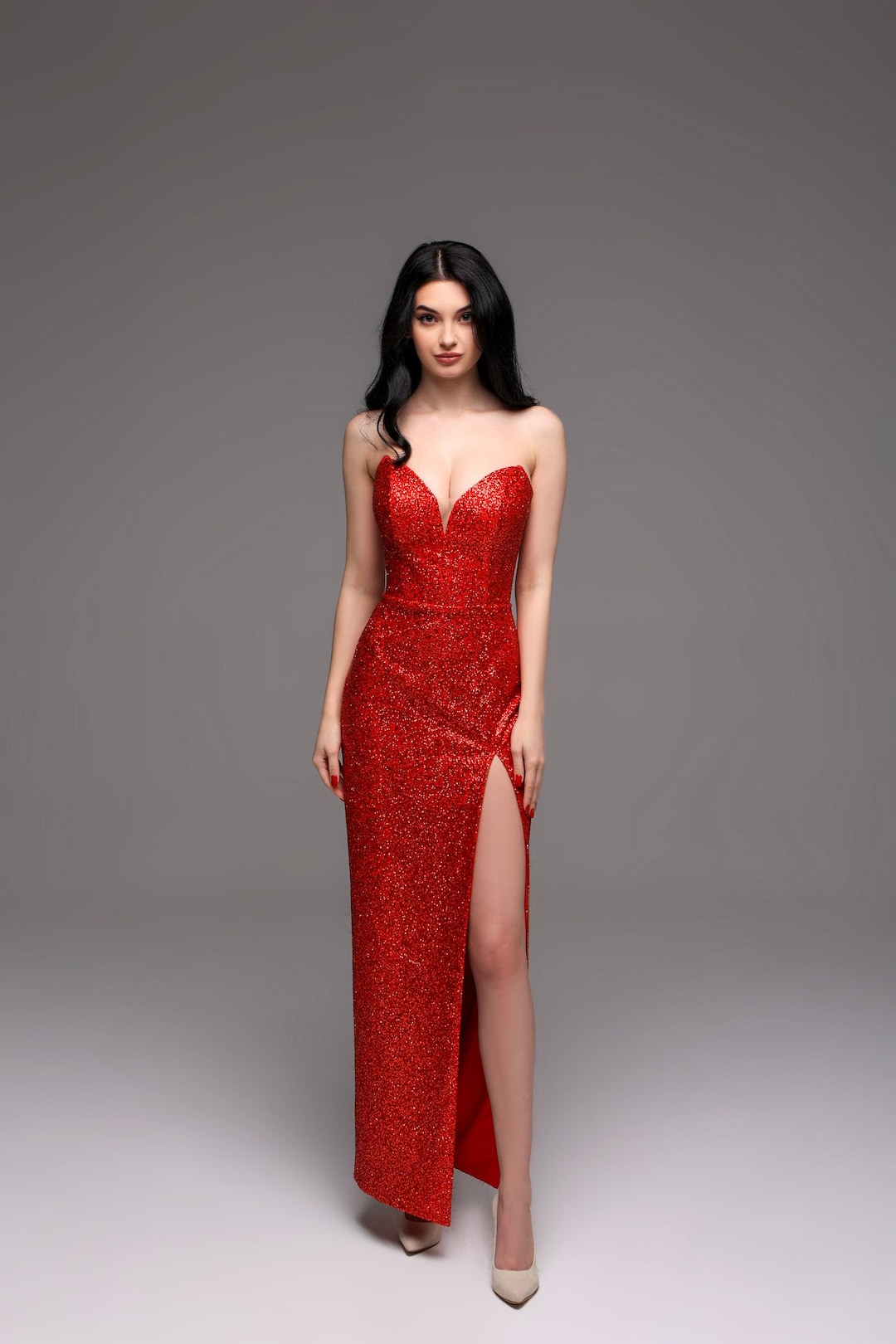 Red Sparkling Strapless Prom Dress, Leg Slit Evening Gown, Plus Size - Etsy