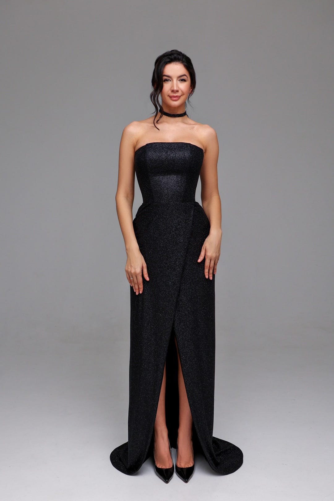 Black Leg Slit Open Back Halloween Prom Dress, Goth Evening Gown ...