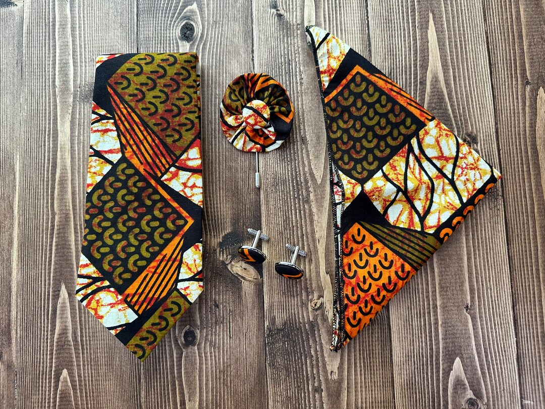African Necktie Set , Ankara Necktie Set, Lapel Pin,pocket Square, Cuff Links Ankara Tie ...