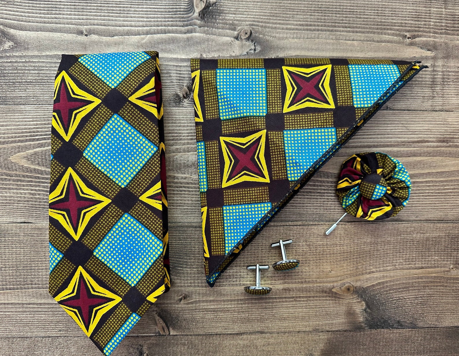 Handmade African Print Necktie Set: Lapel Pin, Cufflinks, Pocket Square ...