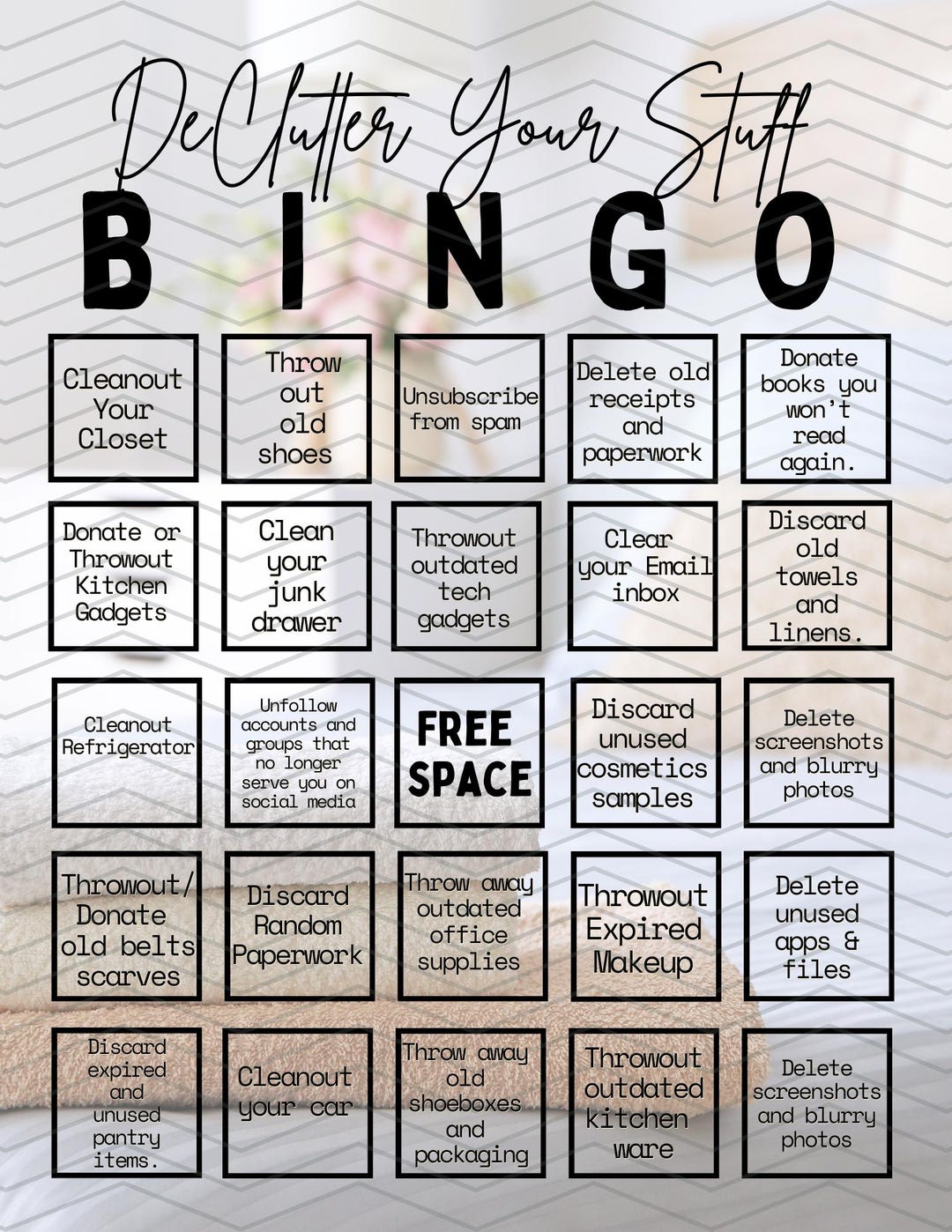 Declutter Your Stuff Bingo Card | Fun Organization & Minimalism ...