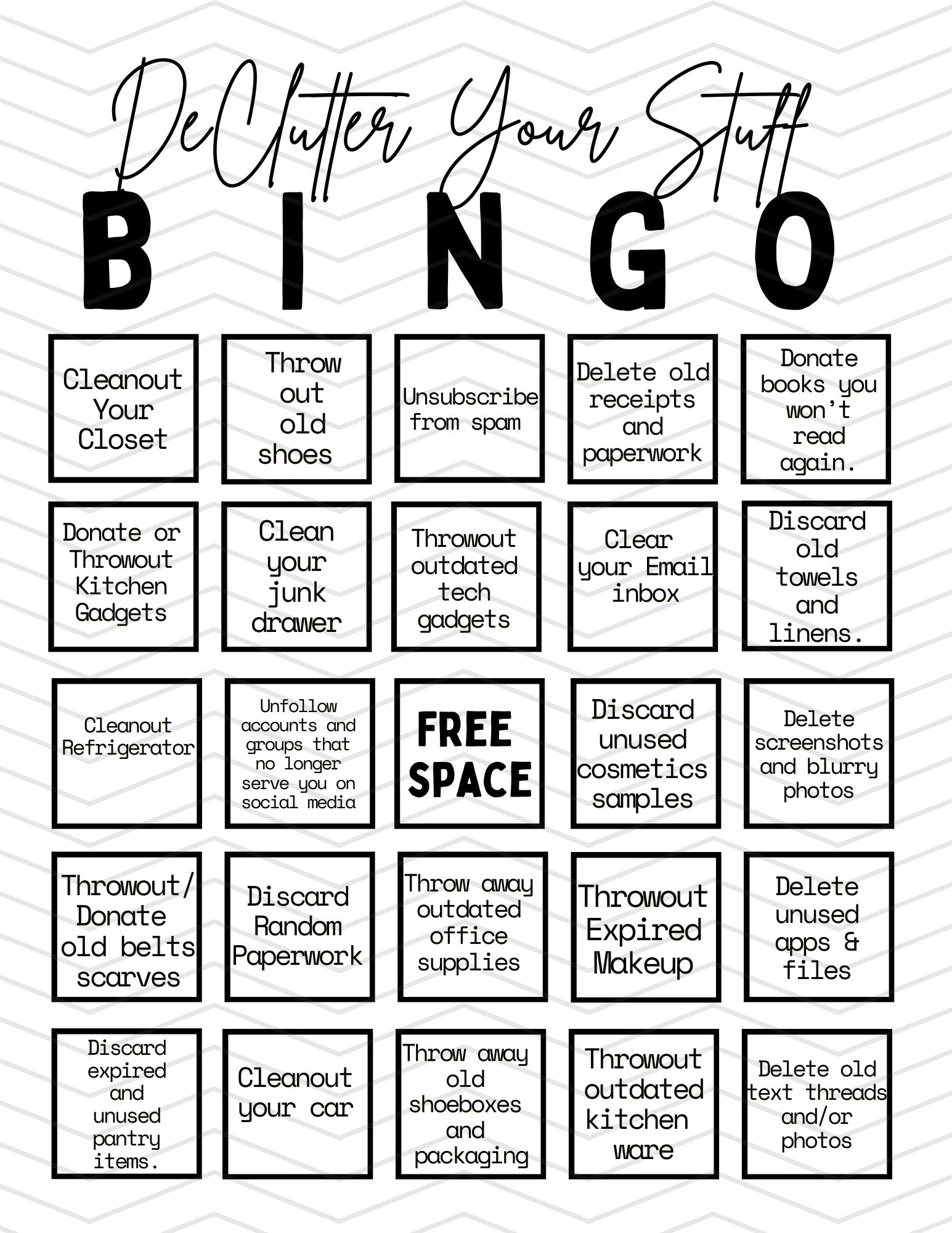 Declutter Your Stuff Bingo Card | Fun Organization & Minimalism ...