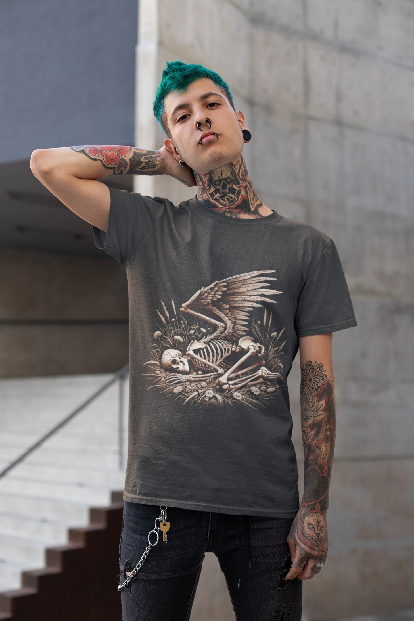 Skeleton With Wings and Flowers Tshirt, Y2k Goth Tee,alt Clothing ...