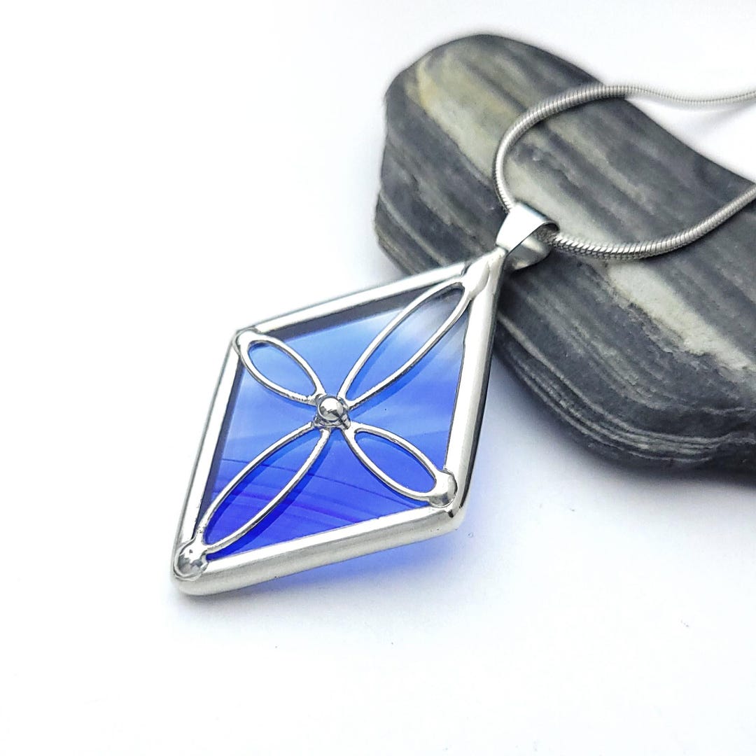 Blue Stained Glass Diamond Shape Pendant Necklace Jewelry A416 - Etsy