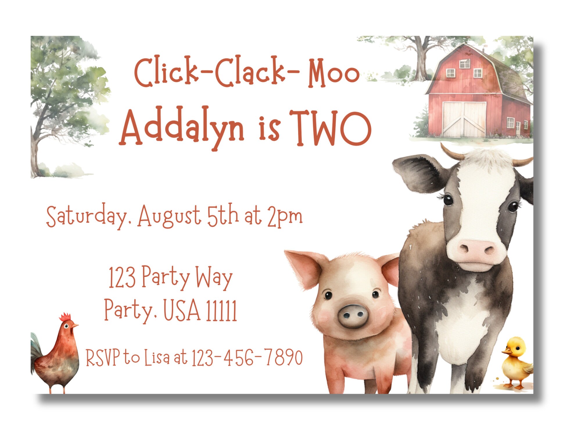 Click Clack Moo I'm TWO Canva Birthday Invite Template- Farm Animal ...