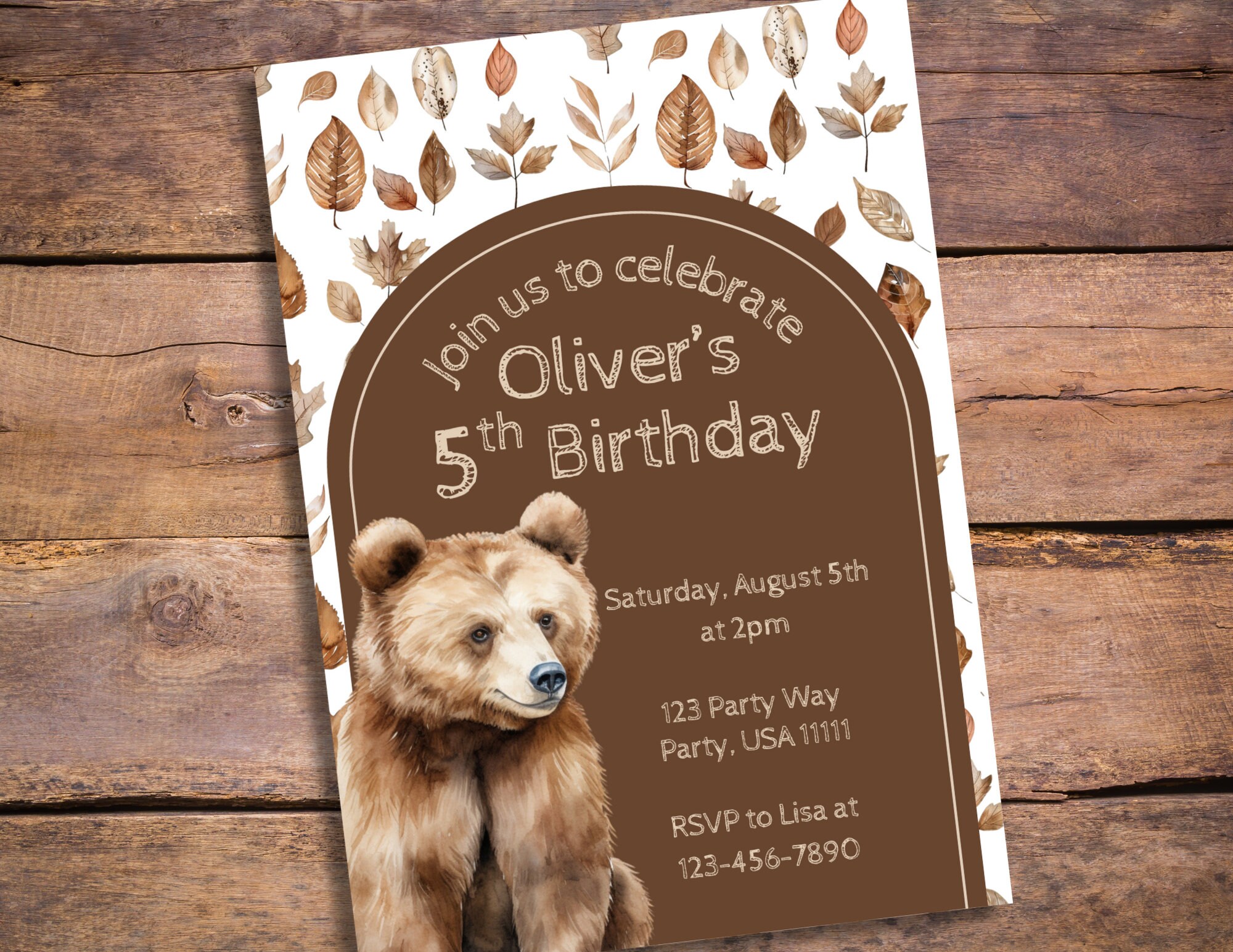 Watercolor Rustic Woodland Bear Canva Birthday Invite Template Brown ...