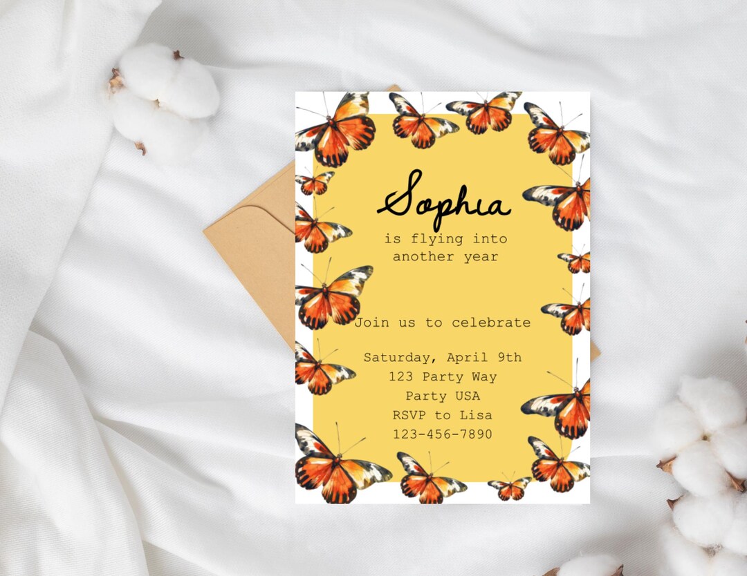 Butterfly Flying Into Another Year Invitation Template- Monarch, Orange ...