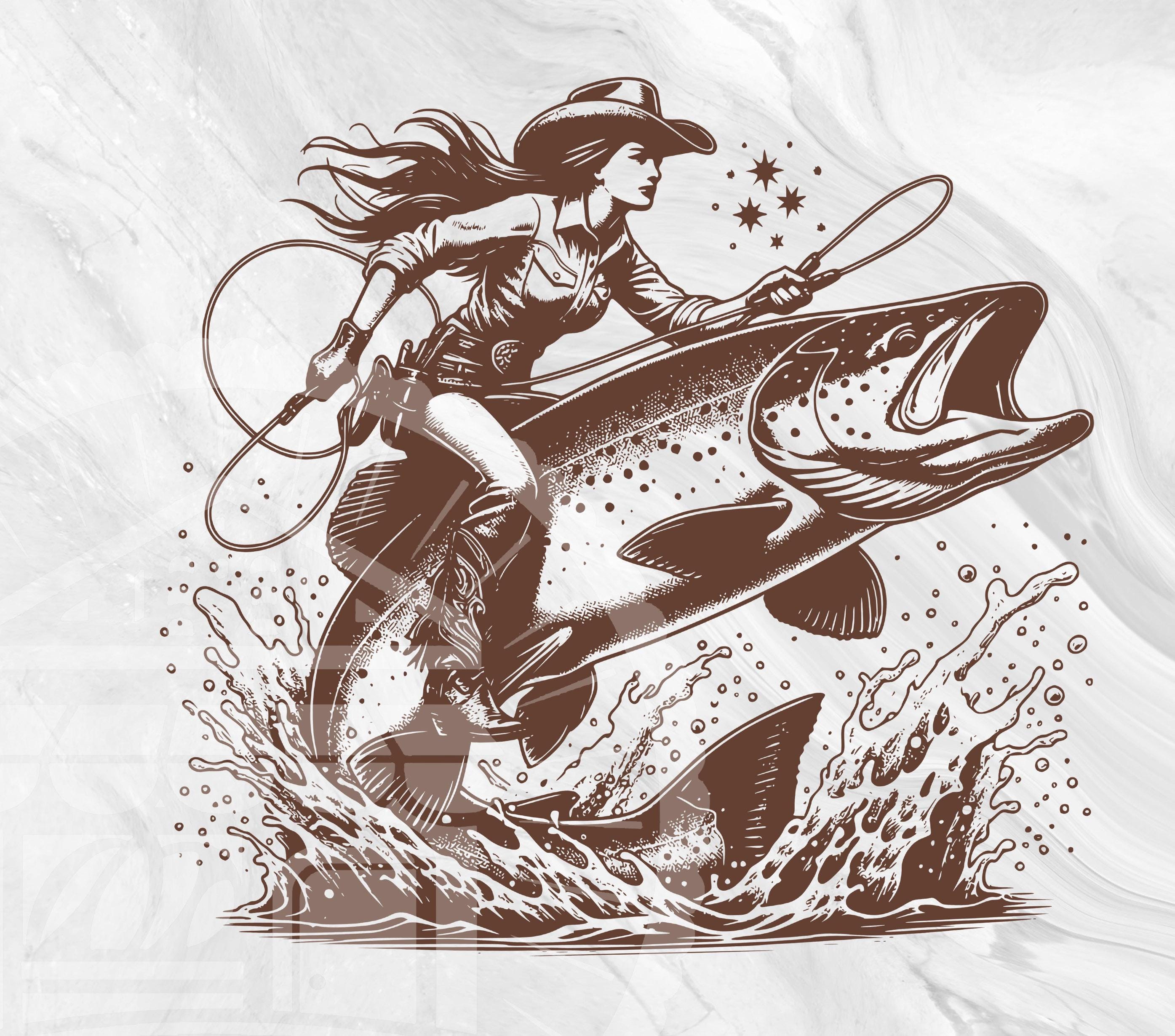 Cowboy Riding a Fish PNG, Cowgirl Tattoo Vintage Shirt, Funny Western ...