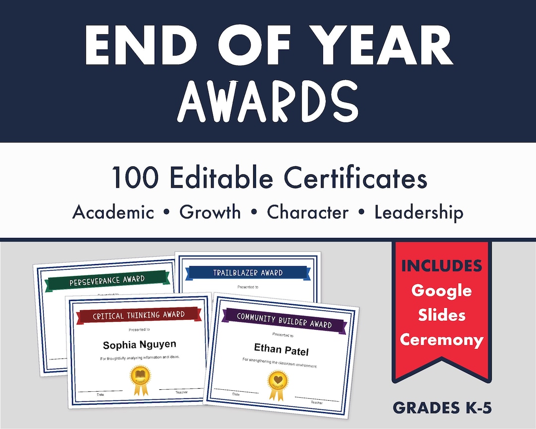 End of Year Awards Editable Certificates, 100 Student Award Templates ...
