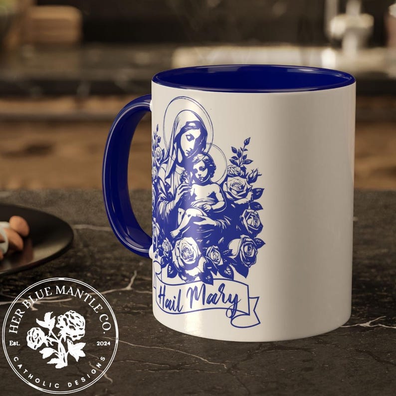 Virgin Mary Catholic Floral Coffee Mug, Catholic Mug, Hail Mary Prayer ...