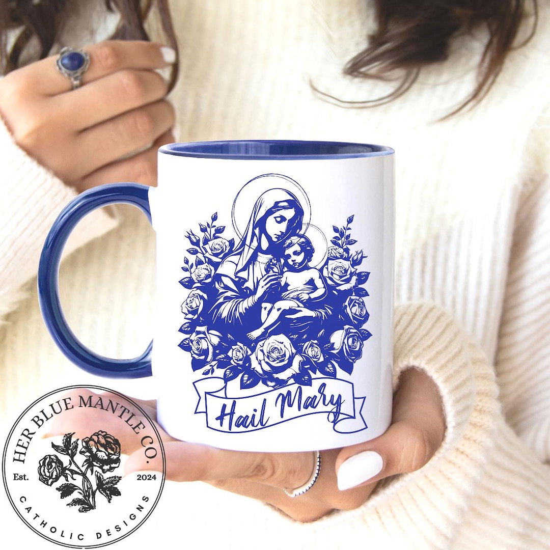 Virgin Mary Catholic Floral Coffee Mug, Catholic Mug, Hail Mary Prayer ...