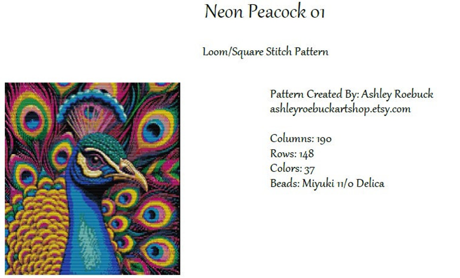 Neon Peacock Bird Loom & Peyote Patterns - Large Bead Tapestry Using ...