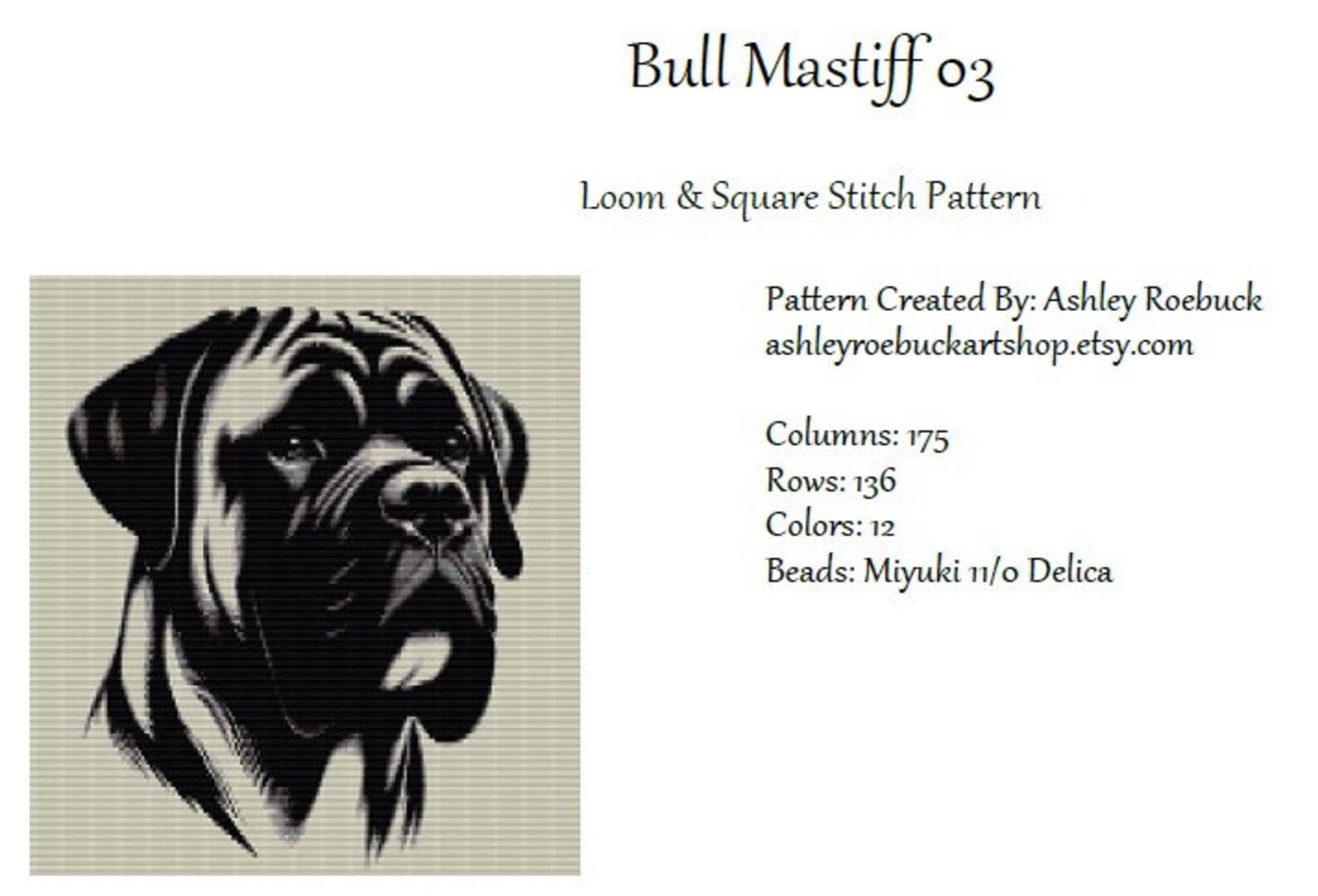 Bull Mastiff Dog Loom & Square Stitch Pattern Large Bead Tapestry Using ...