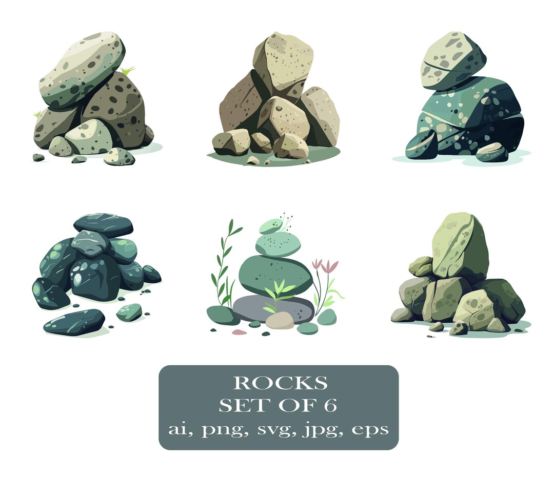 6 Rocks Set, Various Styles of Rocks, Clipart, Instant Download ...