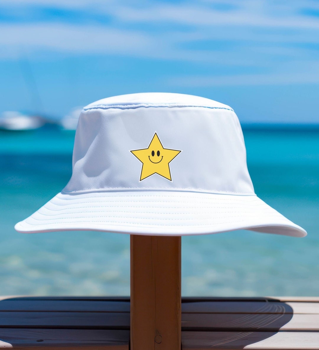 Yellow Smiley Face Star Bucket Hat (AOP), Retro, 90's, Birthday ...