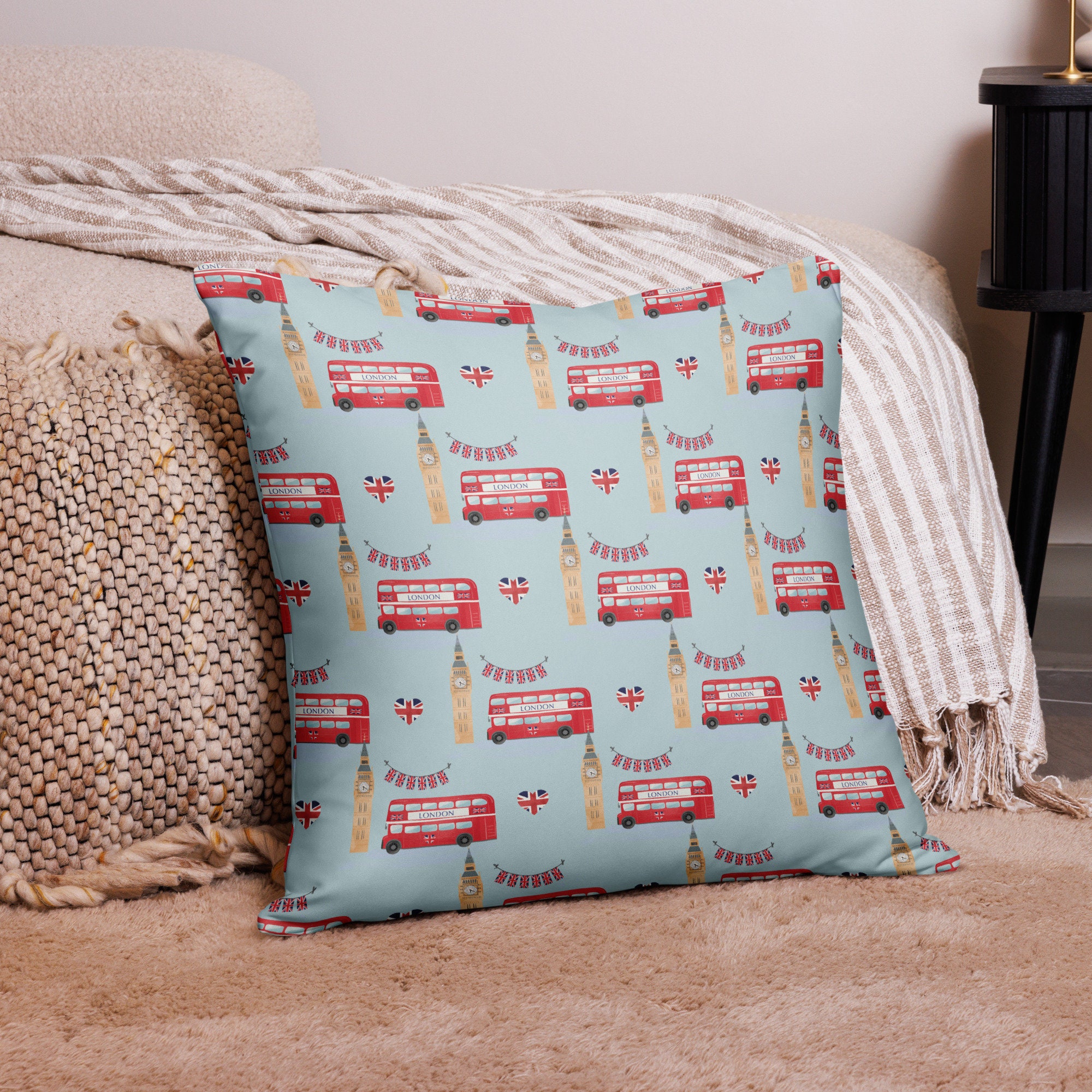 British Design Throw Pillow, Three Sizes, Big Ben, Double Decker Bus ...