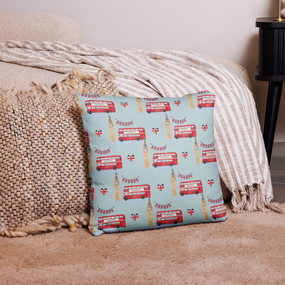 British Design Throw Pillow, Three Sizes, Big Ben, Double Decker Bus ...