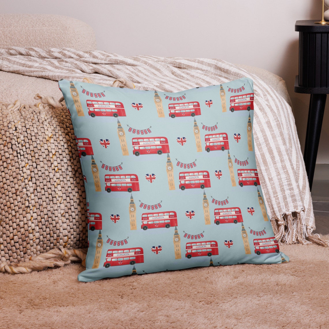 British Design Throw Pillow, Three Sizes, Big Ben, Double Decker Bus ...