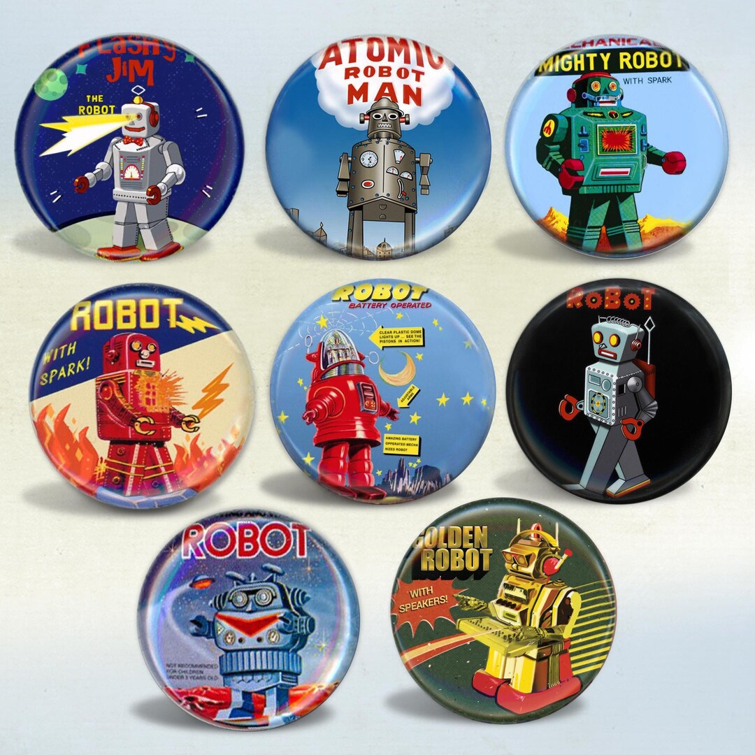 Retro Robots Set of 8 Pins or Magnets - Etsy