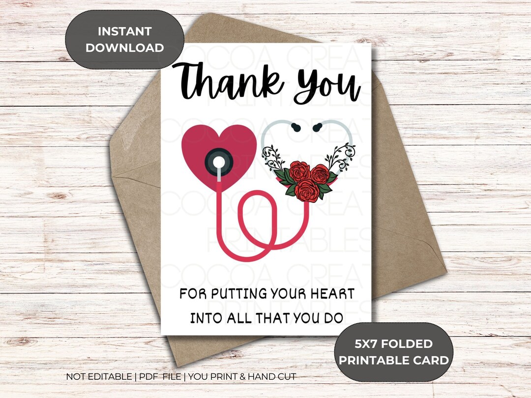 Medical Thank You Card, Heart Stethoscope Design (PDF) - Etsy