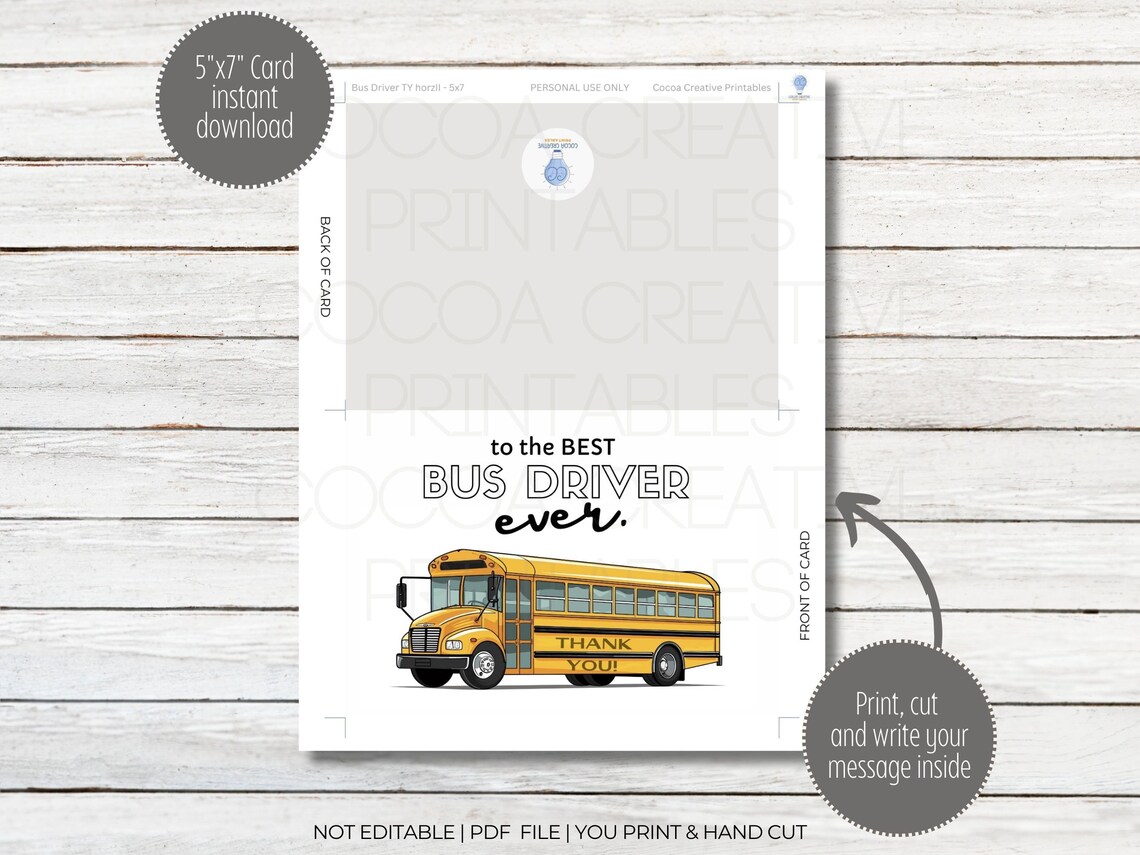 Bus Driver Thank You Card Printable Bus Driver Appreciation Card School ...