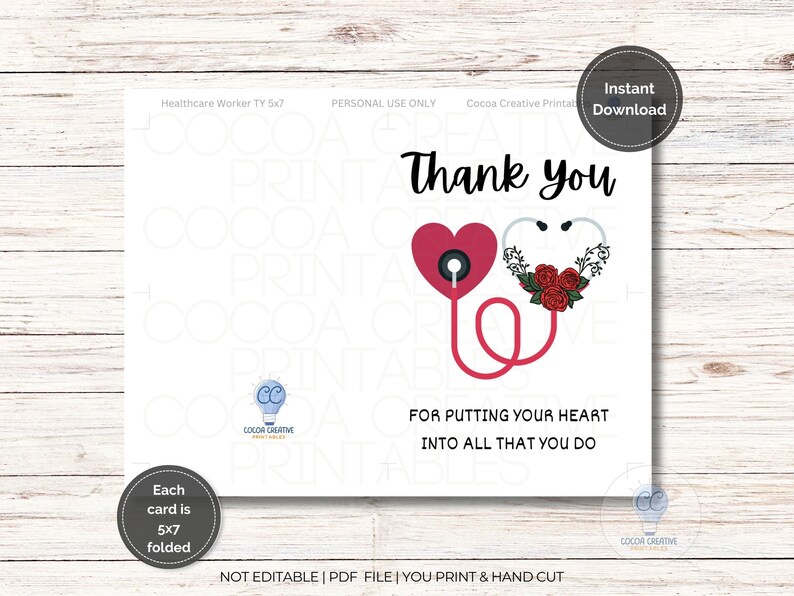 Medical Thank You Card, Heart Stethoscope Design (PDF) - Etsy