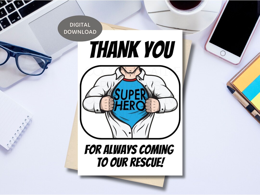 Superhero Thank You Card | Hero Rescue Card | Boss Day Card | Card for ...