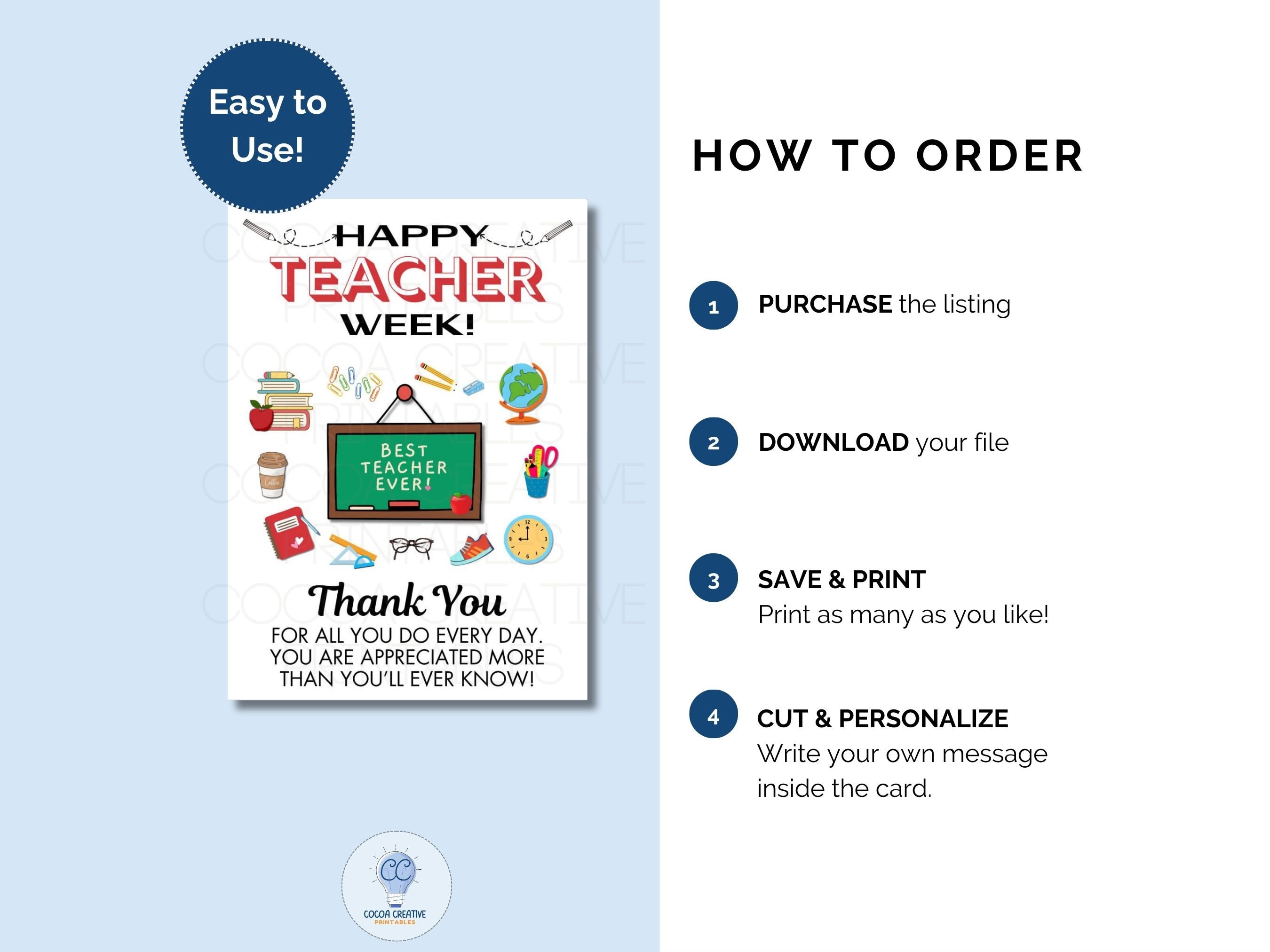 Teacher Appreciation Week Thank You Card Teacher Week Card Printable ...