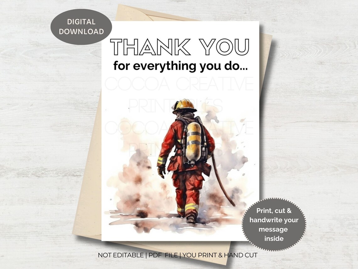 Firefighter Thank You Card | Fireman Thanks | Firemen Gift | Fire Dept ...