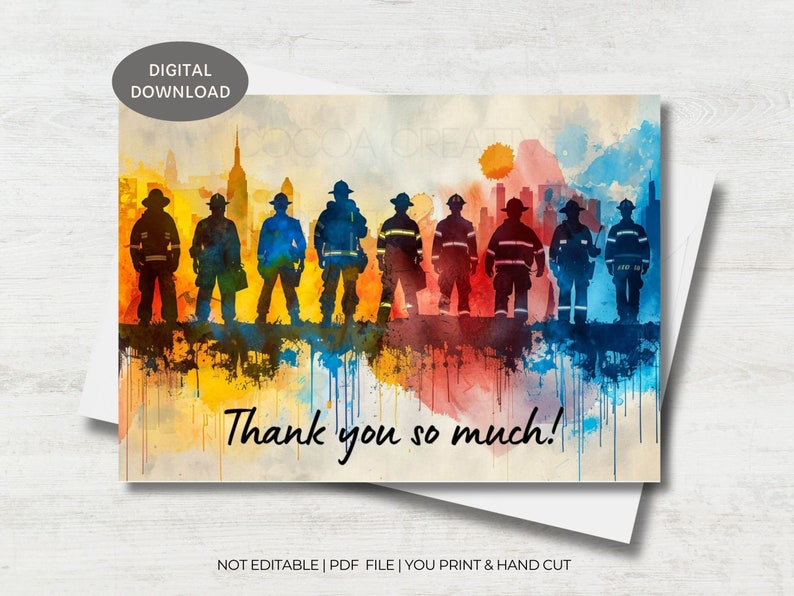 Firefighter Thank You Card | Watercolor Design (digital Download) - Etsy