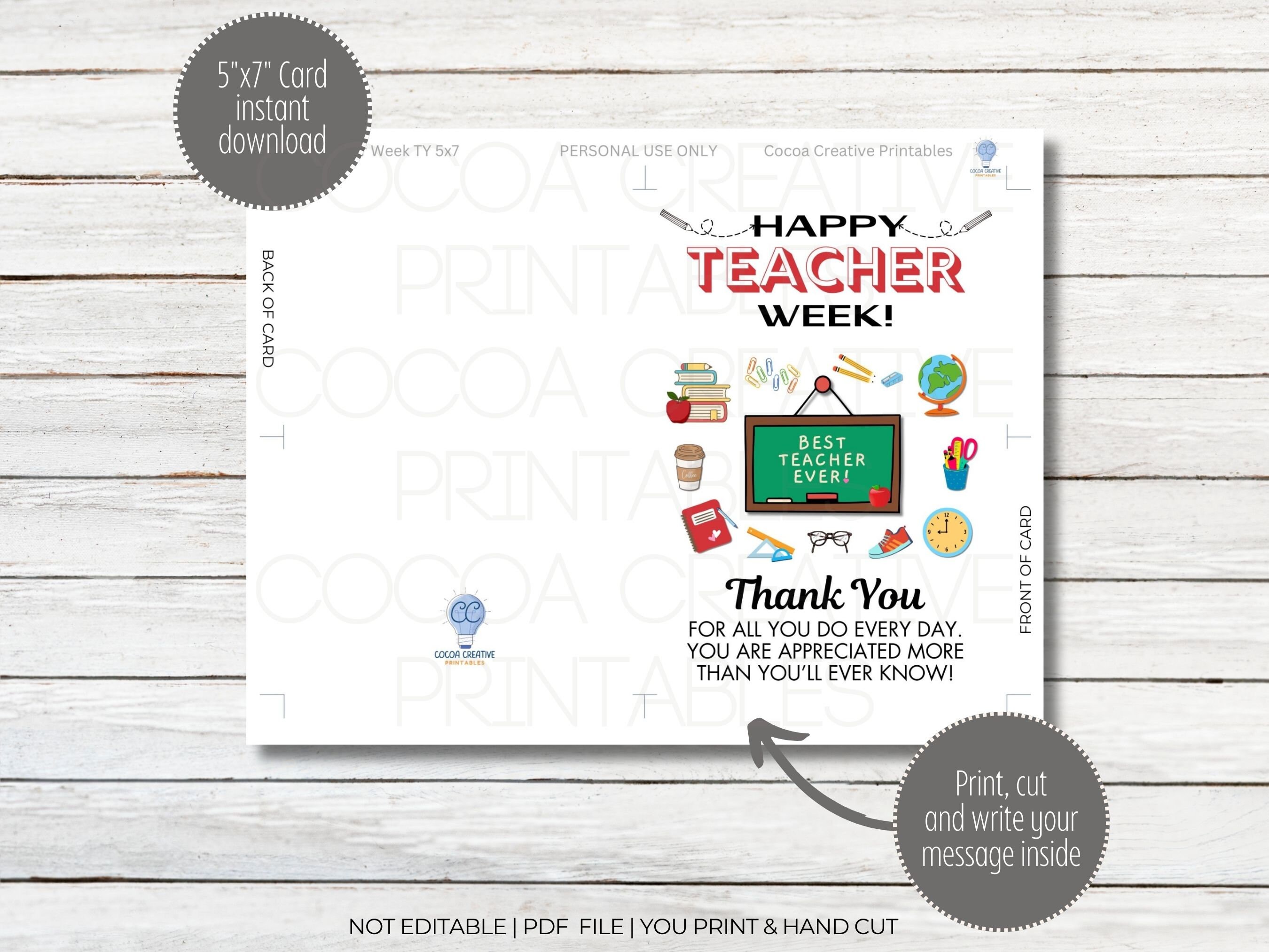 Teacher Appreciation Week Thank You Card Teacher Week Card Printable ...