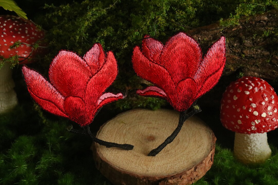 A Pair of Red Lily Magnolia Patches, Flower Patch, Iron on Patch ...