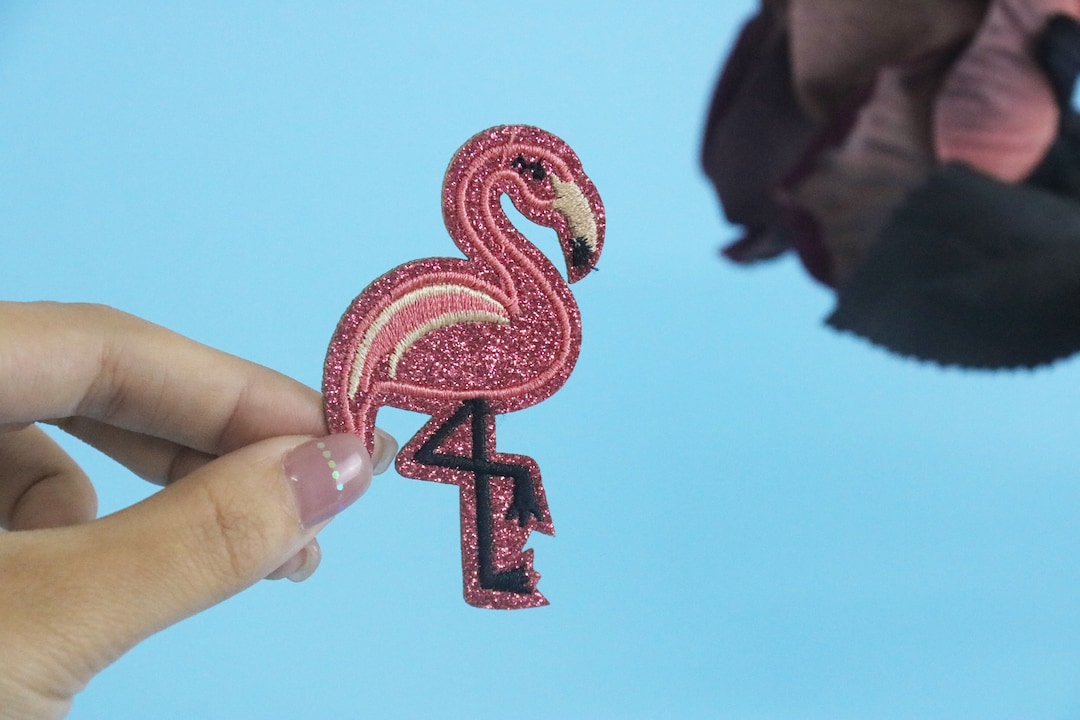 Glitter Pink Flamingo Patch, Bird, Iron on Patch, Embroidered Patch ...