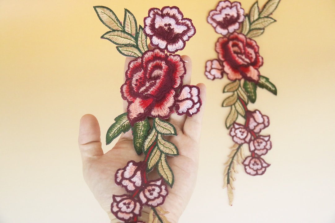 A Pair of Large Gorgeous Rose Patch, Flower Patch, Long Flower, Iron on ...