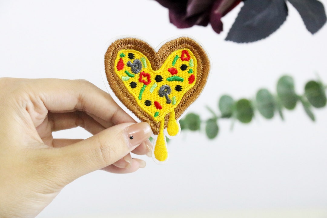 Pizza Patch, Heart Shape Patch, Iron on Patch, Embroidered Patch, Applique, Iron on Clothing ...