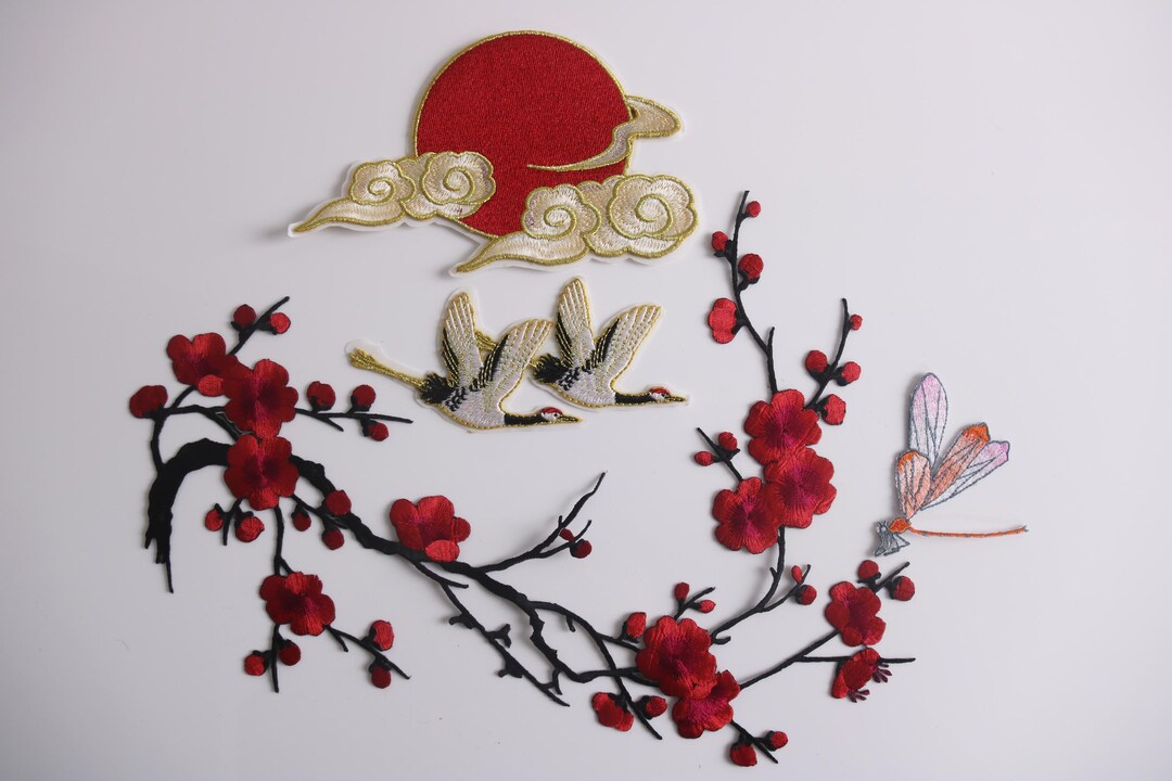 Crane Patch, Sun Patch, Red Cherry Blossom Patch, Dragonfly Patch, Iron on Patches, Embroidered ...