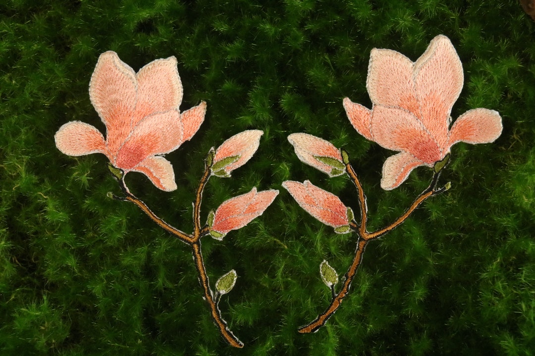 A Pair of Lily Magnolia Beige Flower Patch, Iron on Patch, Embroidered ...