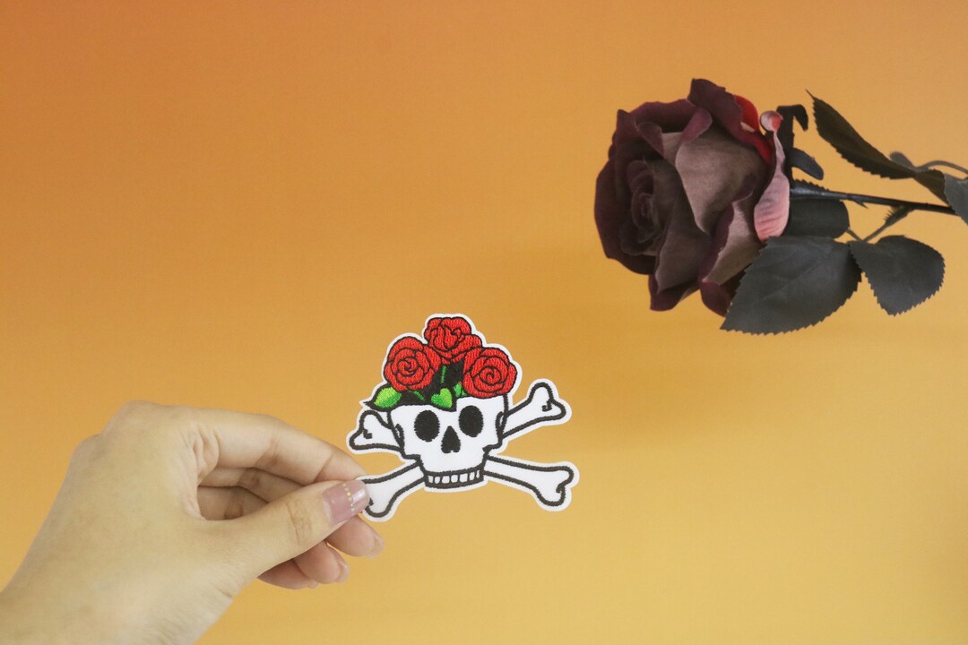 Skull and Crossbones Patch, Red Roses Patch, Iron on Patch, Embroidered ...