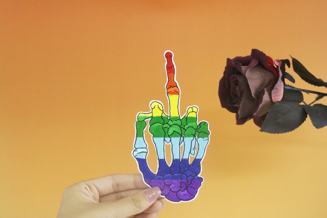 Large Skeleton Rainbow Middle Finger Patch, Iron on Patch, Embroidered Patch, Applique, Iron on ...