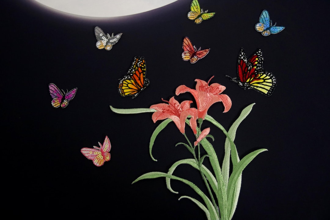 Sef of 9 Patches, Butterflies, Lily, Flower, Gorgeous, Sequined, Pink ...