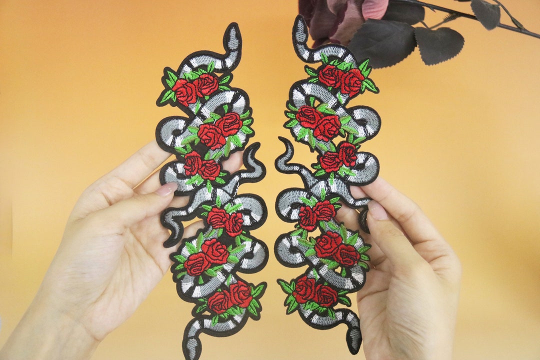 A Pair of Large Flower Snake Patches, Iron on Patch, Embroidered Patch ...