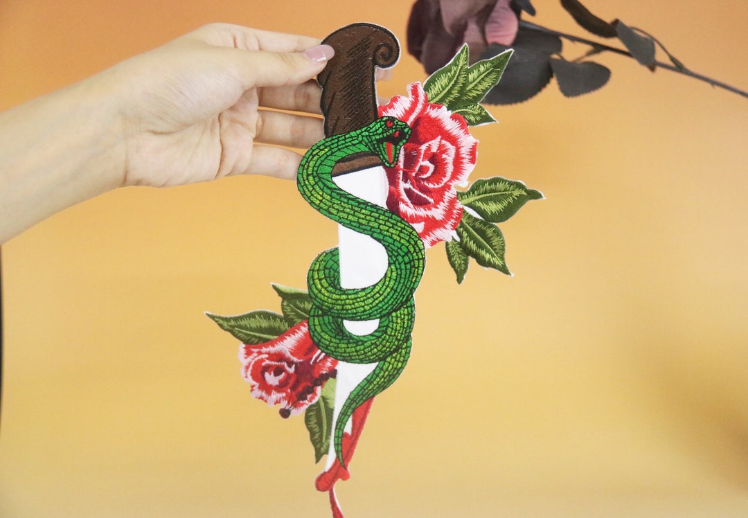 Large Snake Rose and Dagger Patch, Iron on Patch, Embroidered Patch ...
