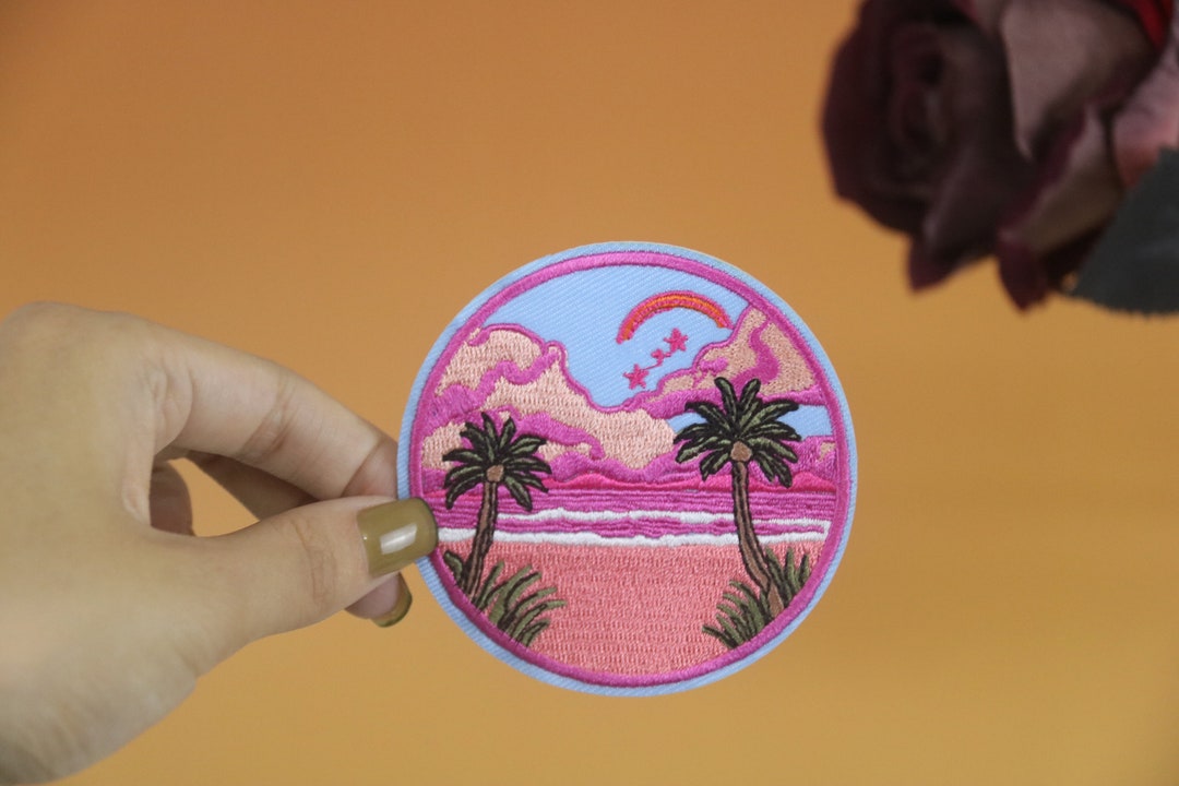 Pink Beach Patch, Pink Ocean Patch, Iron on Patch, Embroidered Patch ...
