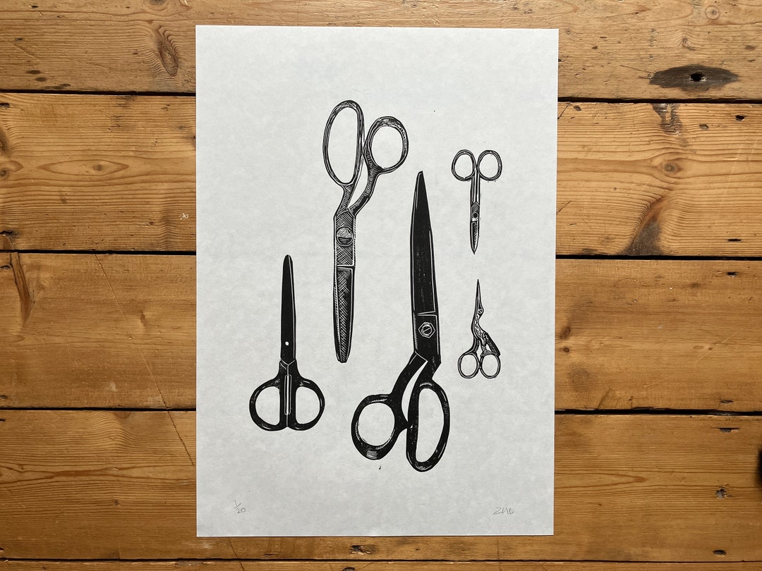 Scissors Lino Cut Print. Handprint of Dressmaking and Sewing Scissors ...