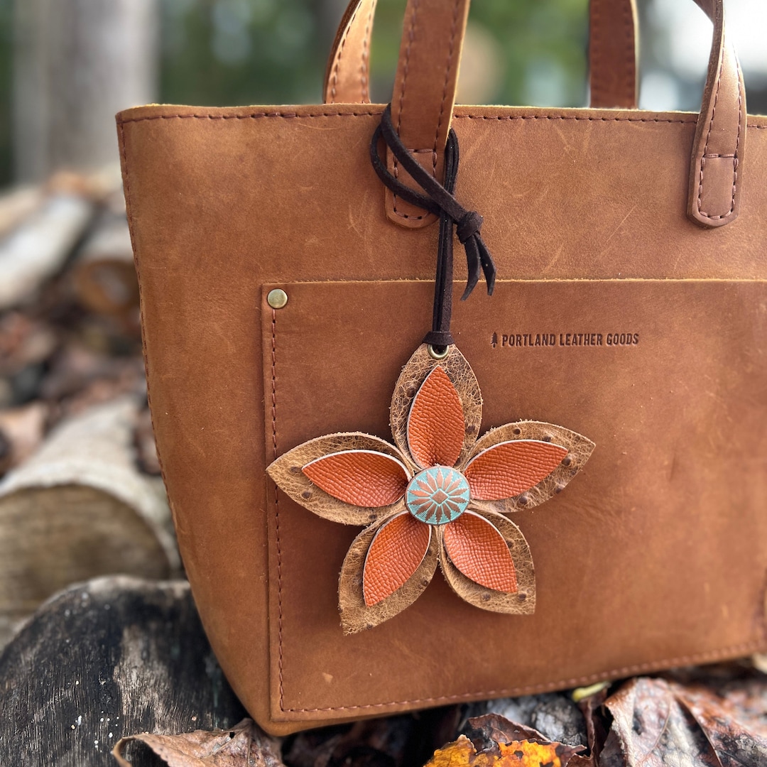Leather Flower Bag Charm Large Flower With Loop Pecan and Deep Orange ...
