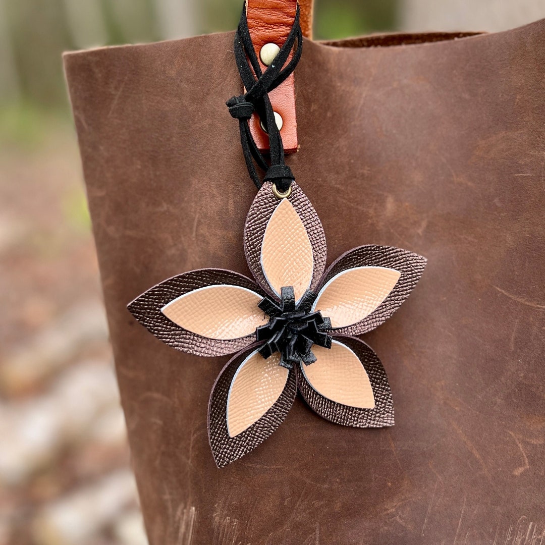 Leather Flower Bag Charm Large Flower With Loop brown Metallic, Cream ...
